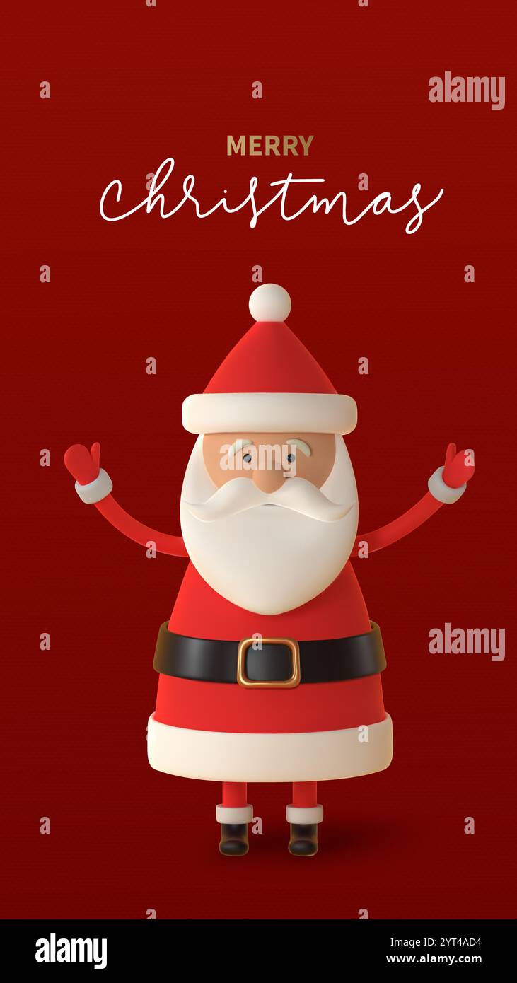 Cheerful cartoon Santa Claus against a vibrant red background, arms raised in joy. Vector banner ...