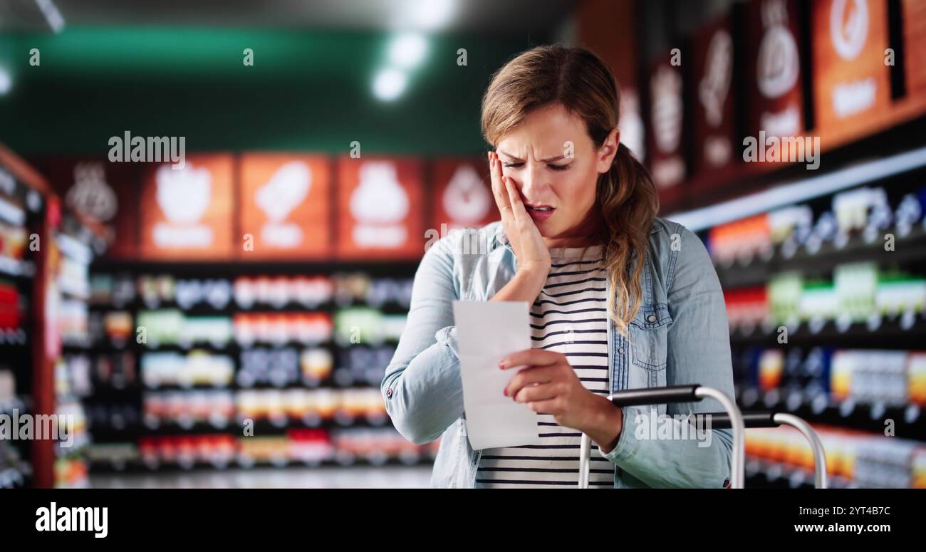 Customer At Grocery Store Or Supermarket With Receipt. Cost Inflation ...