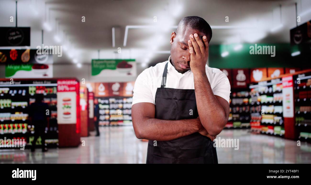 Sad Tired Supermarket Store Employee Worker. Grocery Shop Stock Photo ...