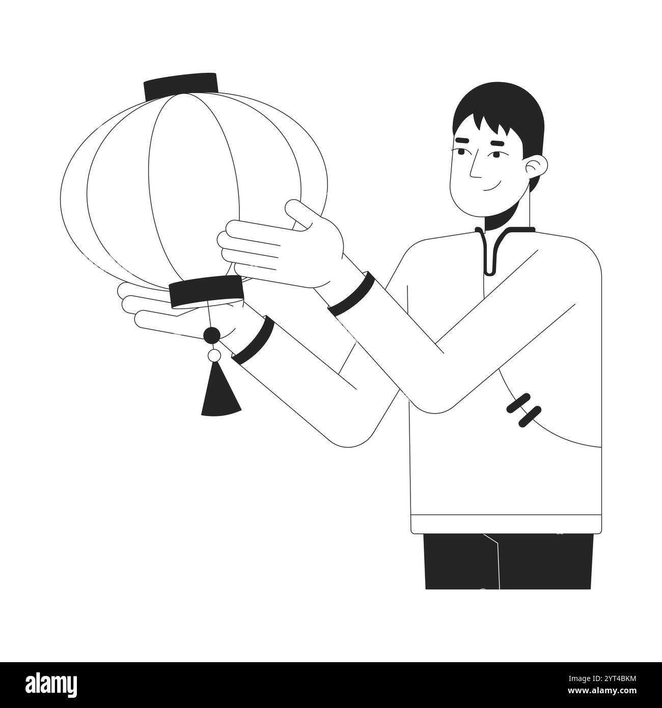 Chinese man hanging paper lantern black and white 2D line character ...