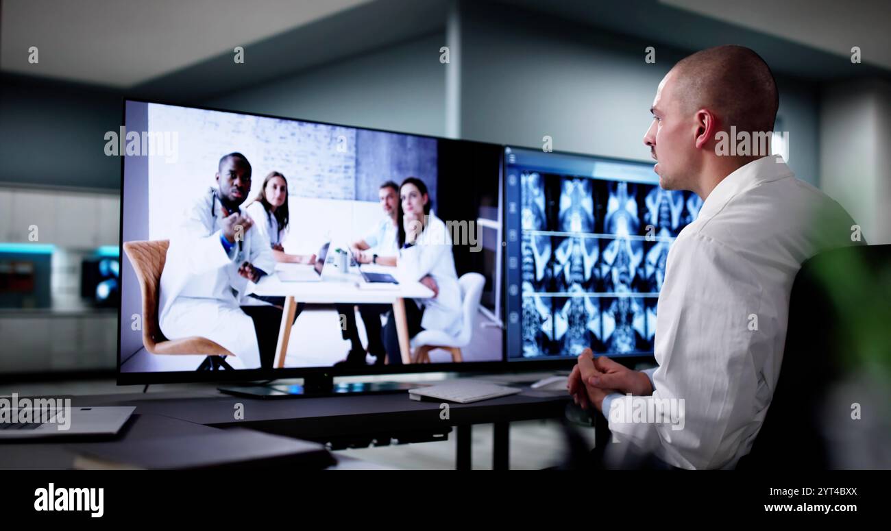 Doctor In Online Video Conference. Medical Webinar On Computer Stock ...