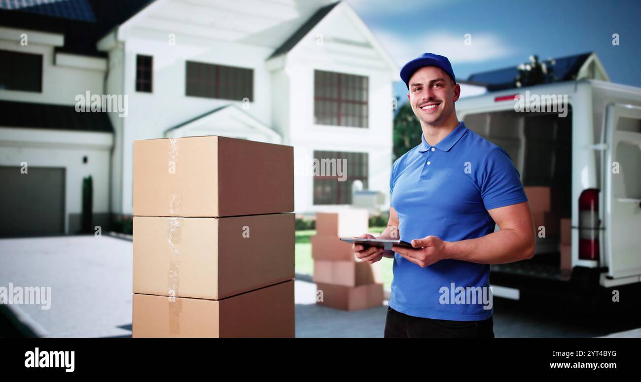 Professional Delivery Man New Truck Smiling In Uniform Stock Photo - Alamy