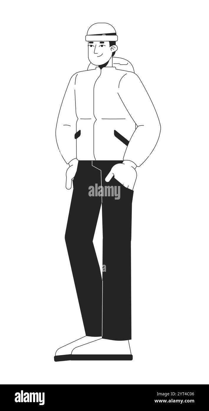 Modern chinese man posing in winter comfortable outerwear black and white 2D line character ...