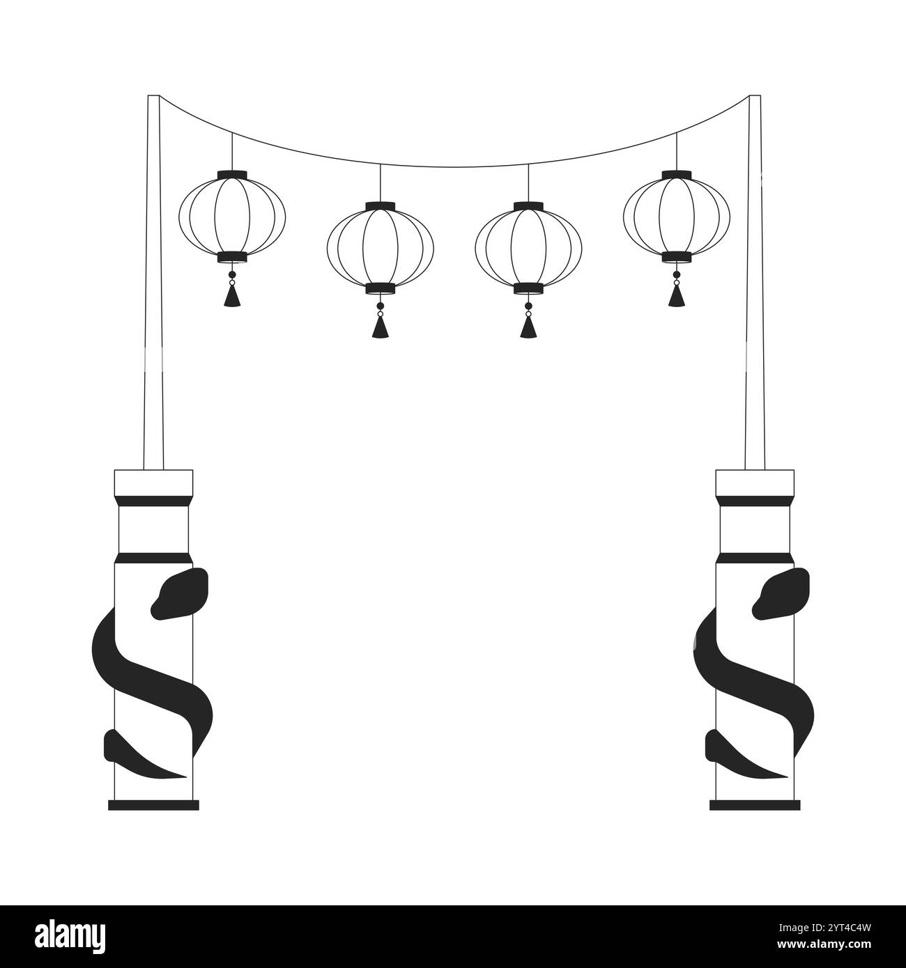 Chinese temple entrance with hanging paper lanterns black and white 2D ...