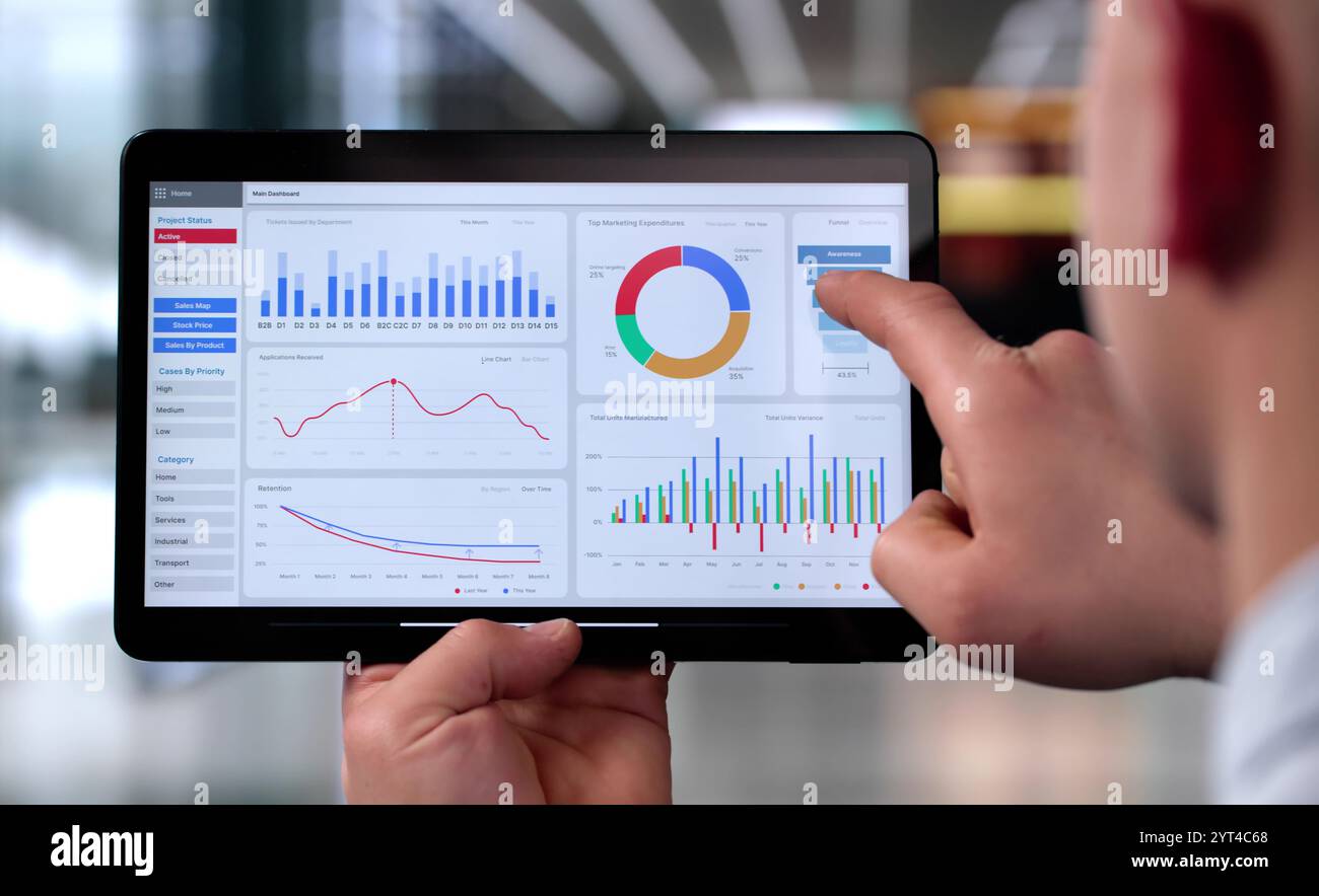 Business Data Analytics Technology On Tablet. Analyst Using Dashboard ...