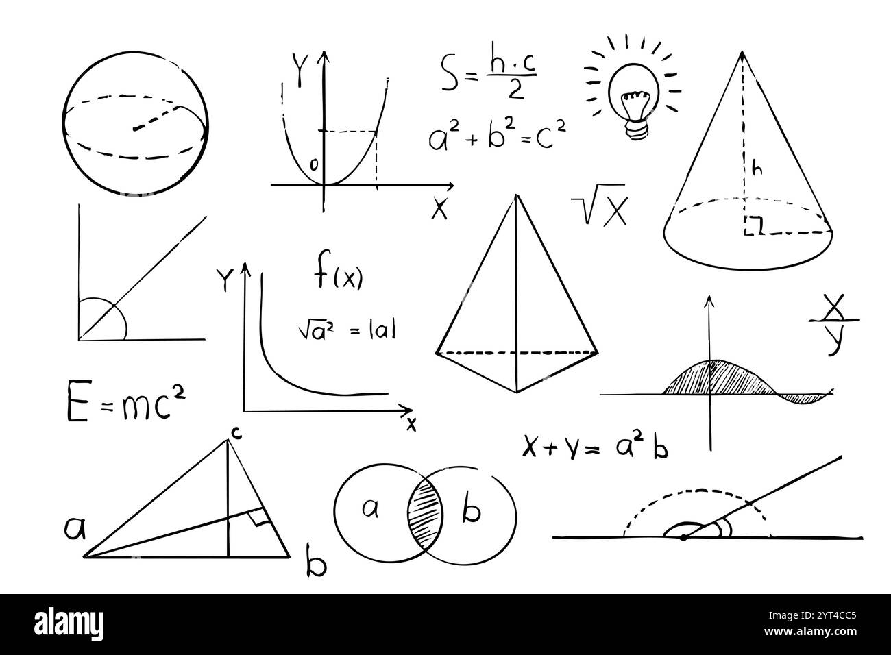 Math geometry graph and shapes on blackboard background. Set science doodle hand drawn sketch ...