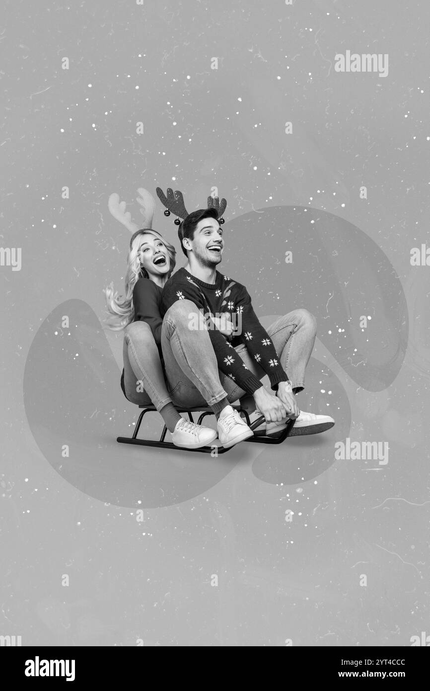 Vertical collage image of overjoyed two people sitting ride sledge have ...