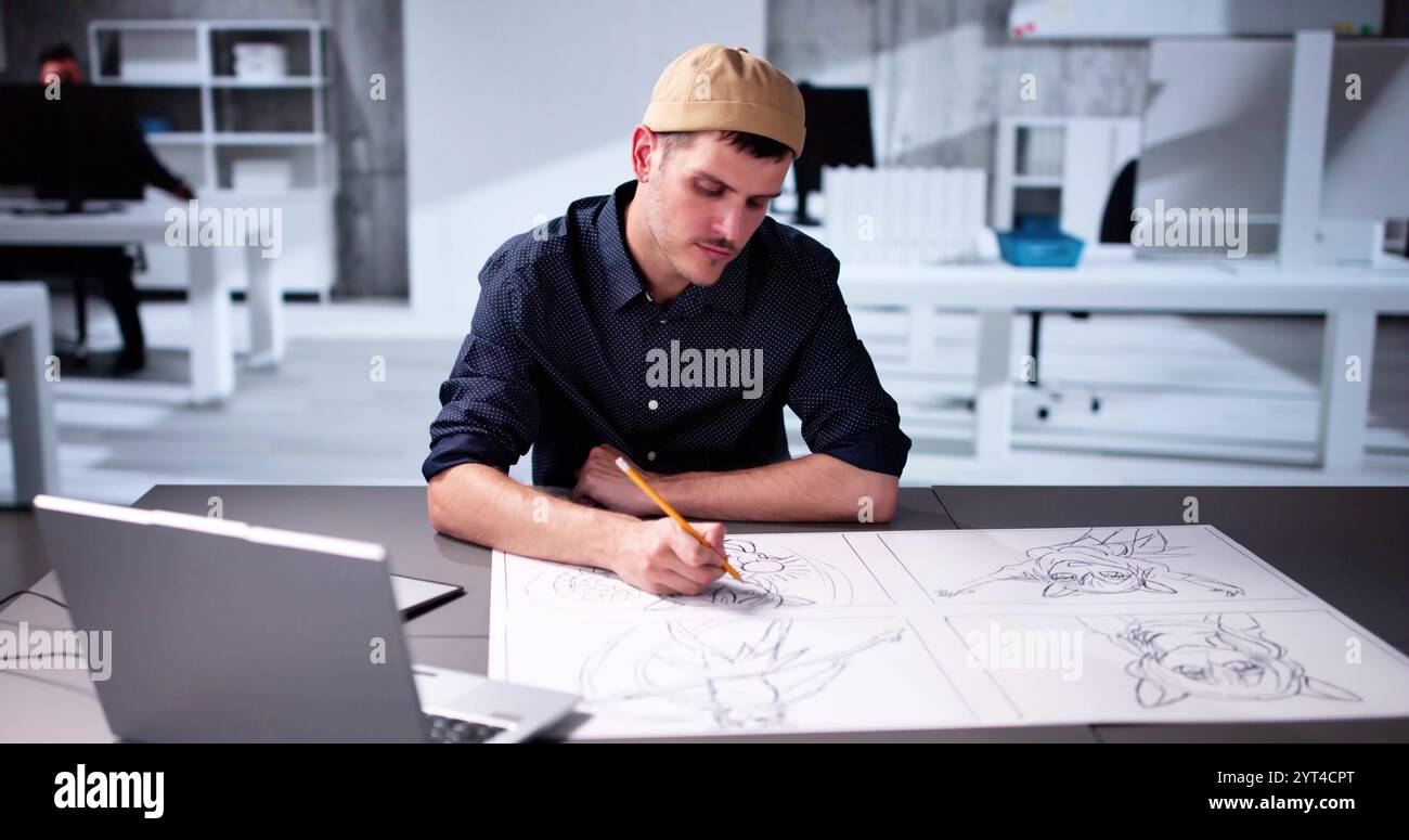 Hand Drawing Manga Anime Comic For Kids. Cartoon Storyboard Stock Photo ...