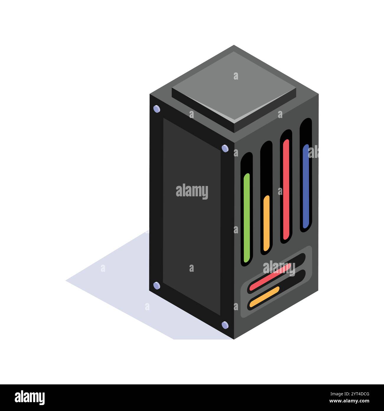 Isometric icon of a server rack with colorful indicators, used for data ...