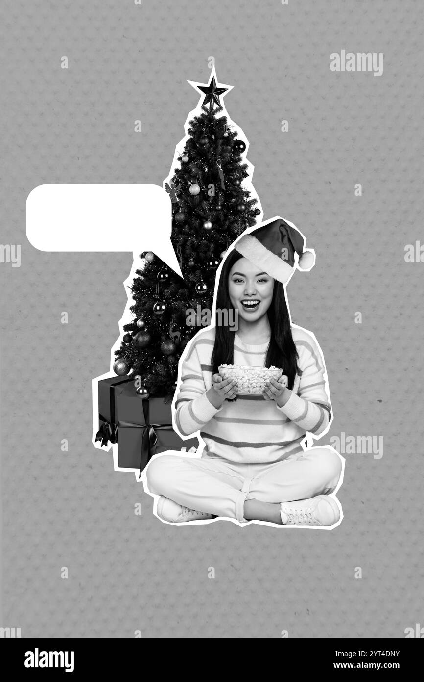 Vertical collage picture of excited funny girl hold popcorn plate ...