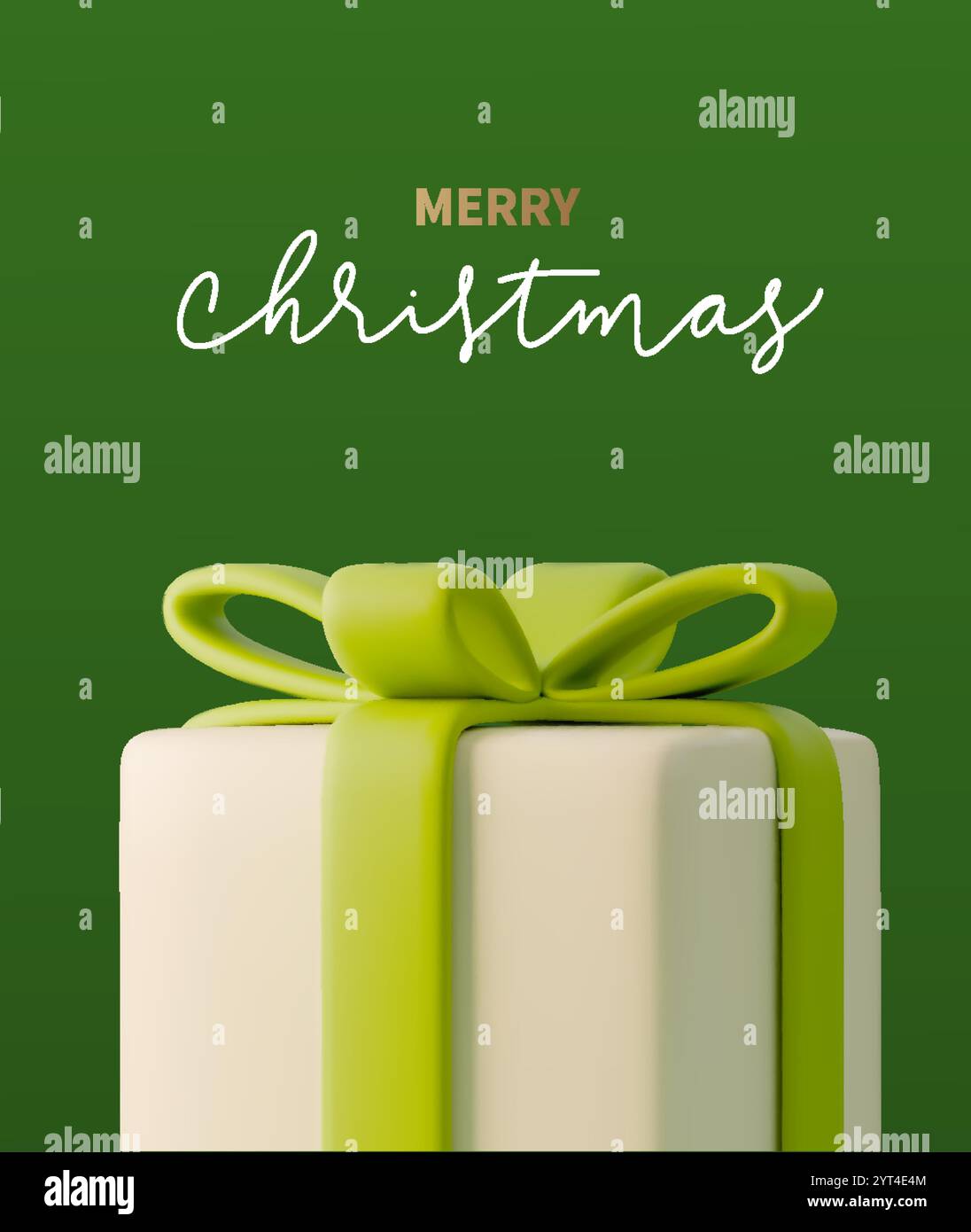 Modern 3D illustration of cream gift box with vibrant green ribbon ...