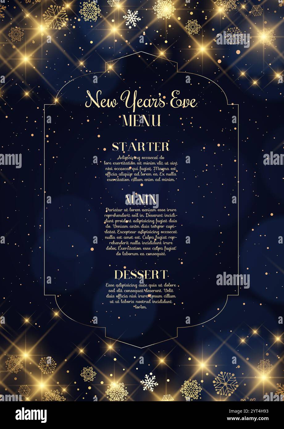 Elegant New Years Eve menu with a gold stars and snowflakes design ...