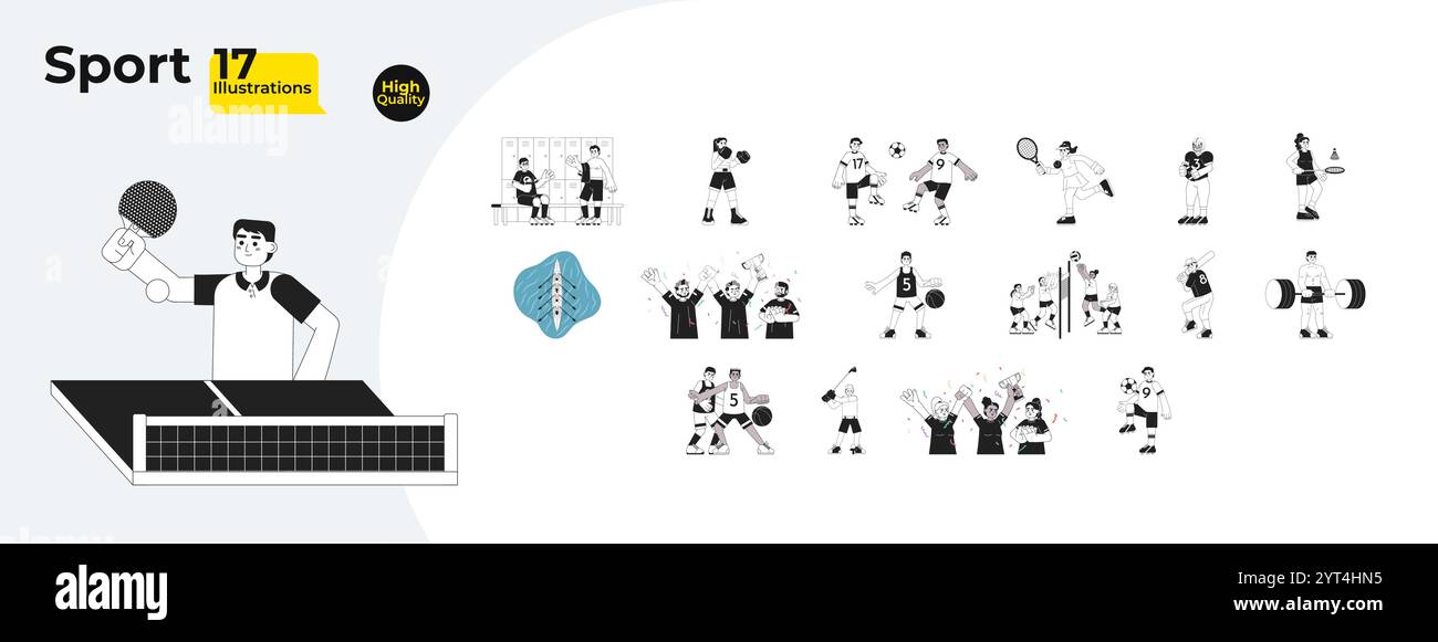 Competitive sport playing outline illustrations mega bundle Stock ...