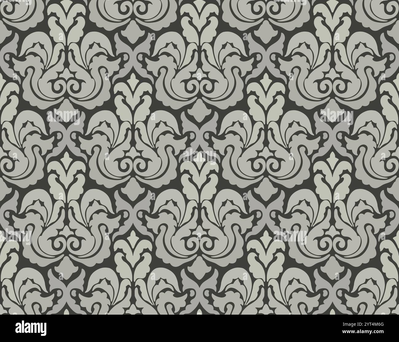 Vintage-inspired damask pattern in black and gray with bold ornamental ...