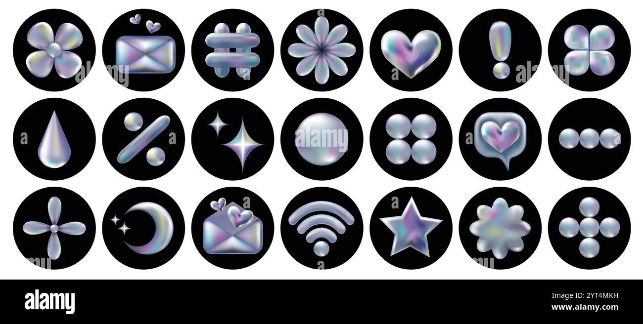 3d holographic retro 90 icons set. Chrome Heart, Star, Hashtag ...