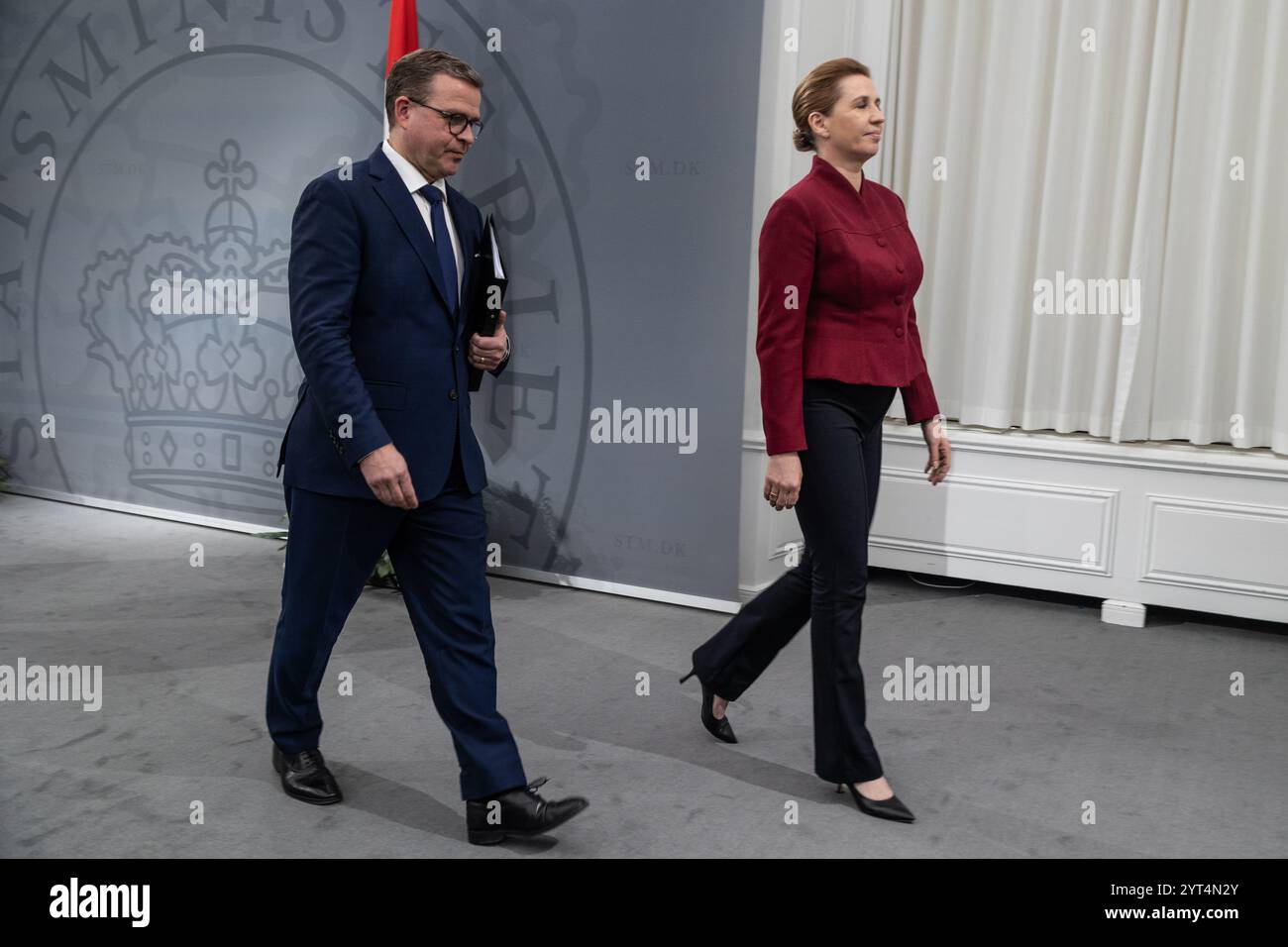 Prime Minister of Finland Petteri Orpo (L) and Prime Minister Mette ...