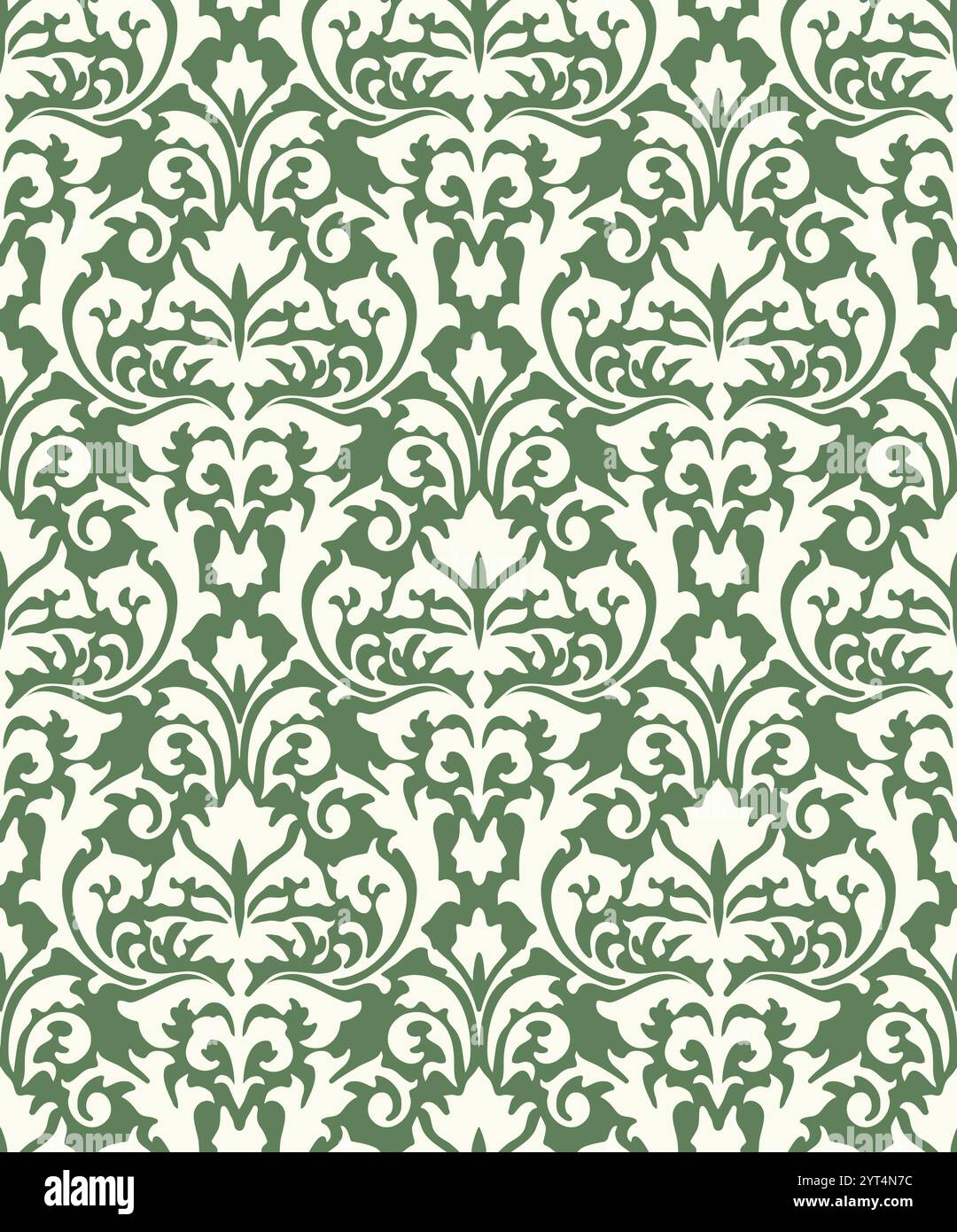 Ornate damask pattern in green and white with elaborate symmetrical ...