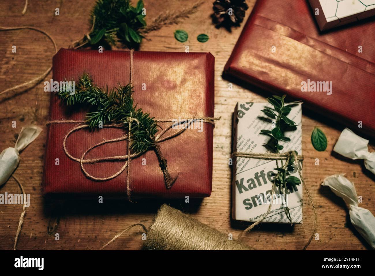 Rustic Christmas Gift Wrapping with Natural Details Stock Photo - Alamy