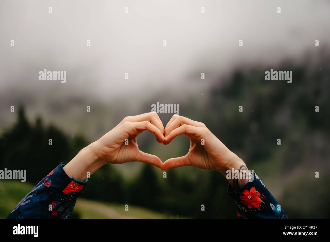 Heart Hand Gesture Against Misty German Alps Landscape Stock Photo - Alamy