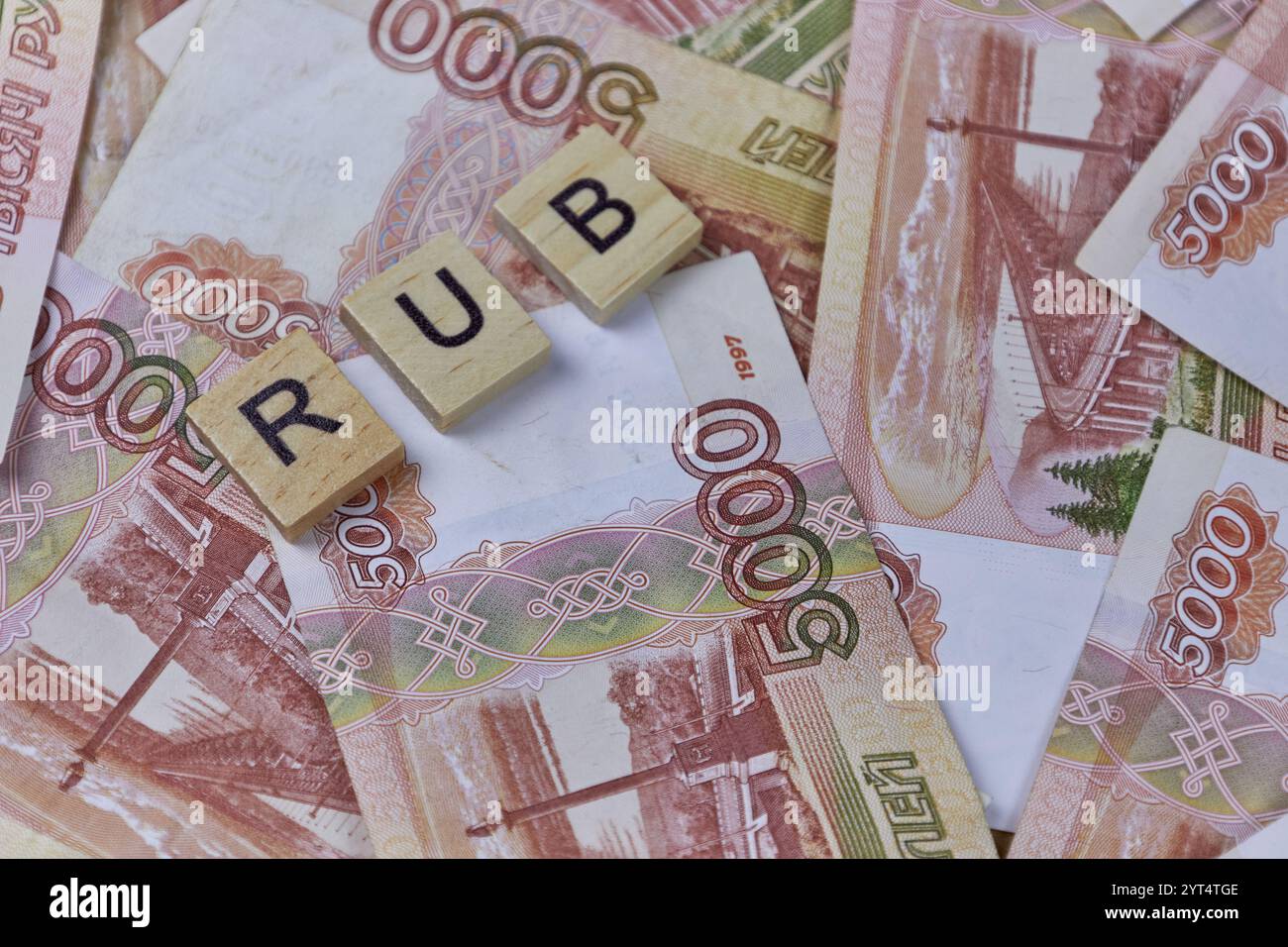 Background of five thousand Russian ruble banknotes with inscription ...