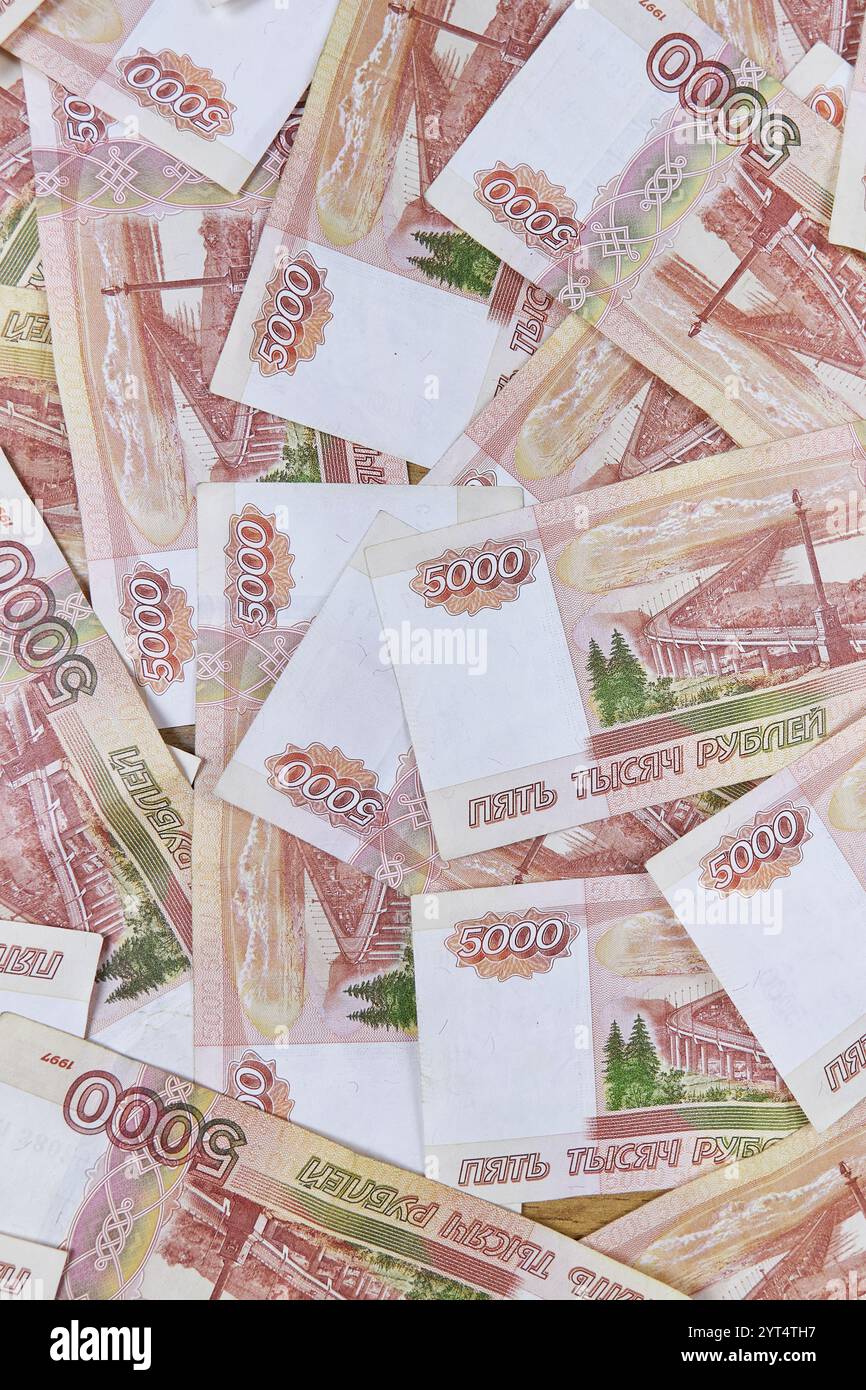 Russian money, background of five thousand russian ruble banknotes, top ...