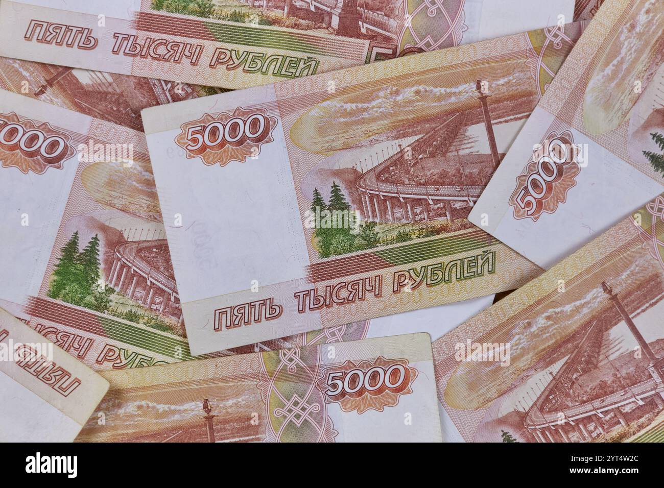 Russian money, background of five thousand russian ruble banknotes, top ...