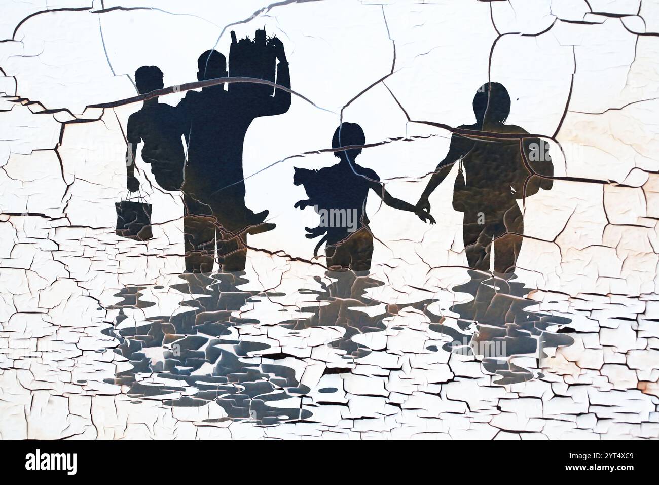 Family in flood disaster illustration Stock Photo - Alamy