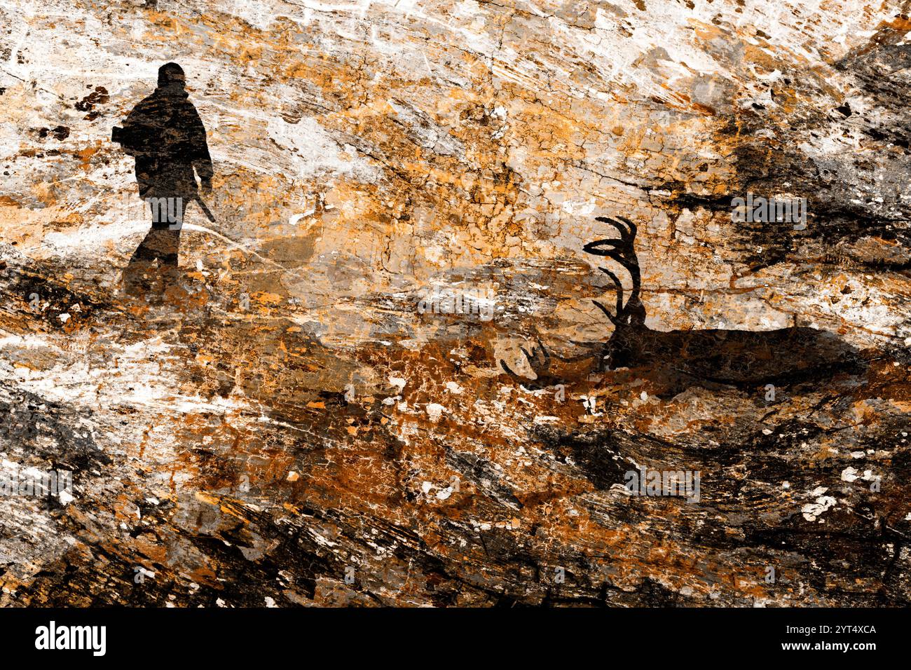 Deer hunter approaching kill illustration Stock Photo - Alamy
