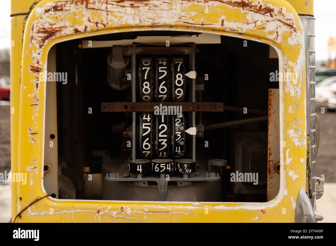 Exposed internal mechanism of a vintage gas pump with numbered d Stock ...