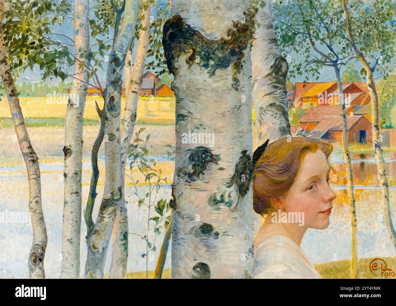 Carl Larsson, Lisbeth vid Björken, (Lisbeth by the Birch Tree), portrait painting in oil on ...