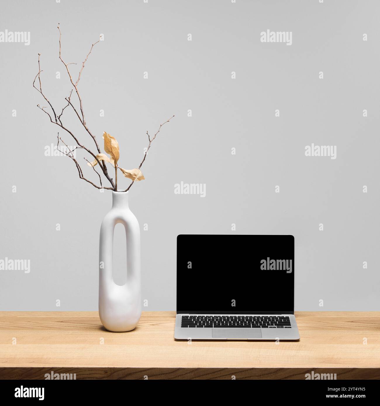 Laptop and white vase with dry branch on wooden table. Modern and ...