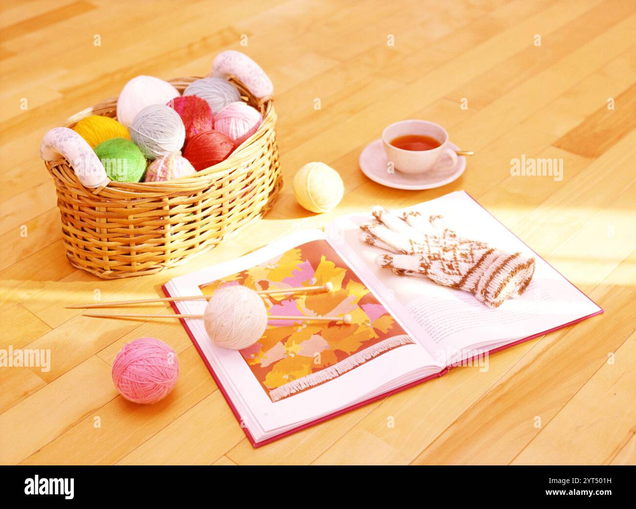 Wooly balls in basket and books Stock Photo - Alamy