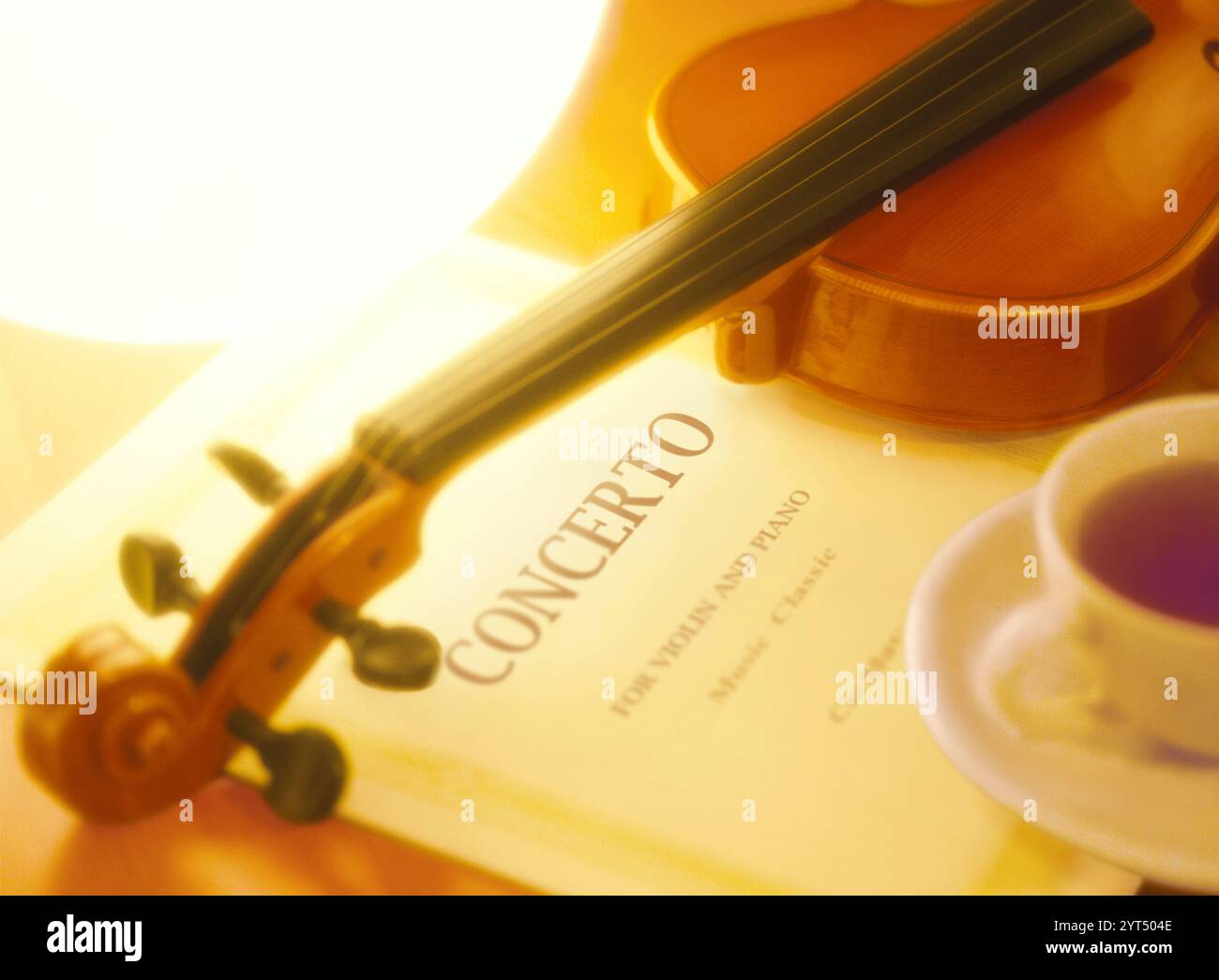 Violin, sheet music and cup Stock Photo - Alamy