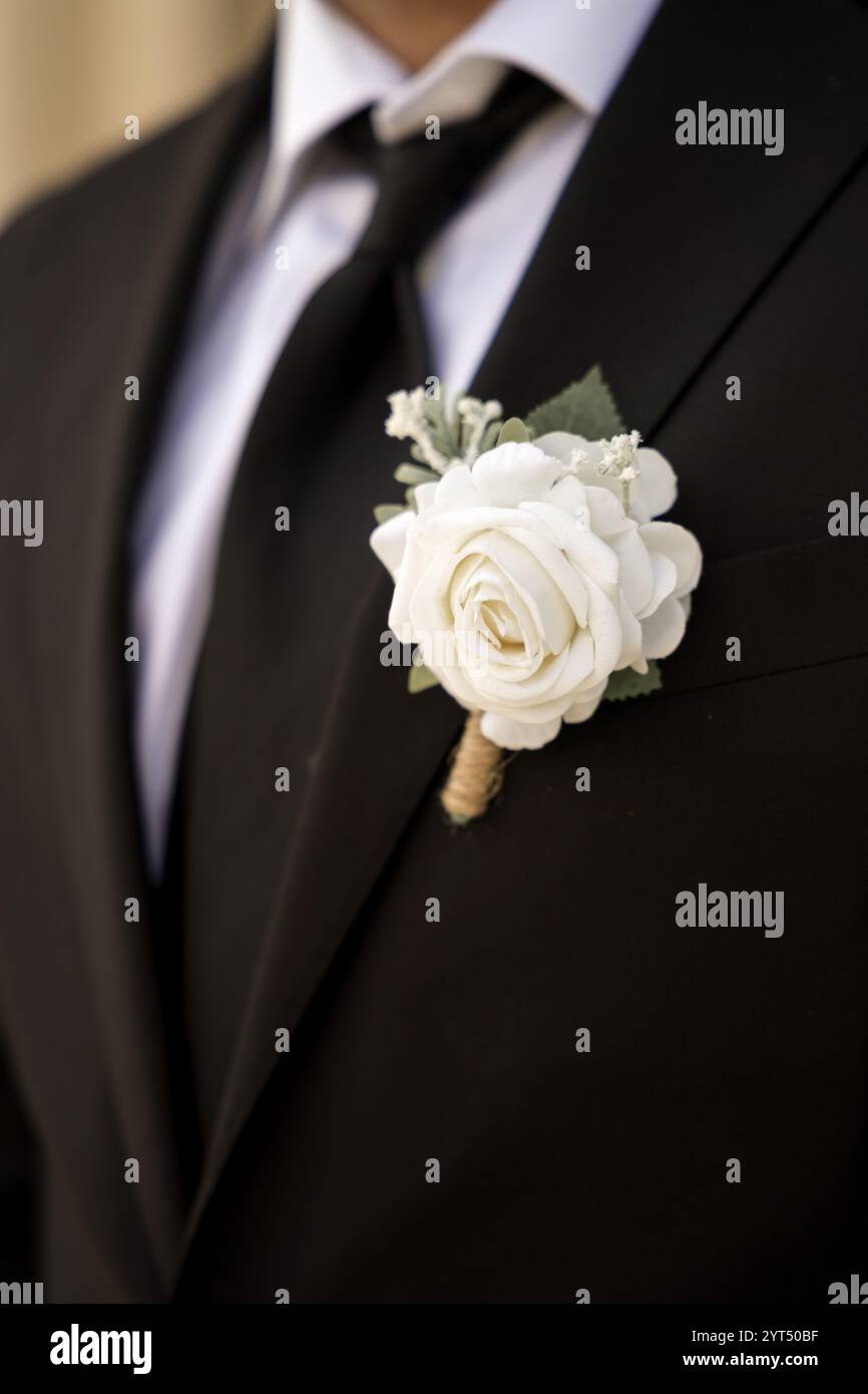 Groom wearing boutonniere with white rose Stock Photo - Alamy