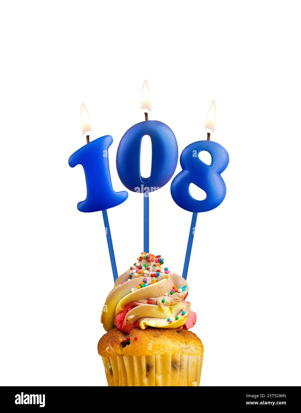 Candle in shape of the number 108 - Blue birthday on a white background ...
