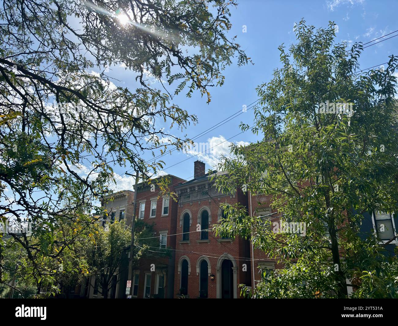 Historic red-brick buildings, leafy trees on sunny day in Cincinnati ...