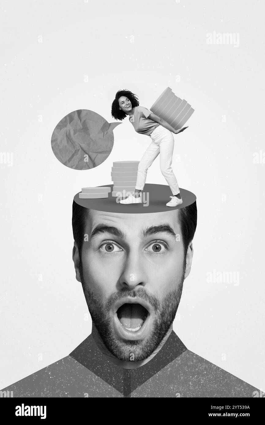 Vertical collage of black whote gamma mini girl hold pile stack money ...