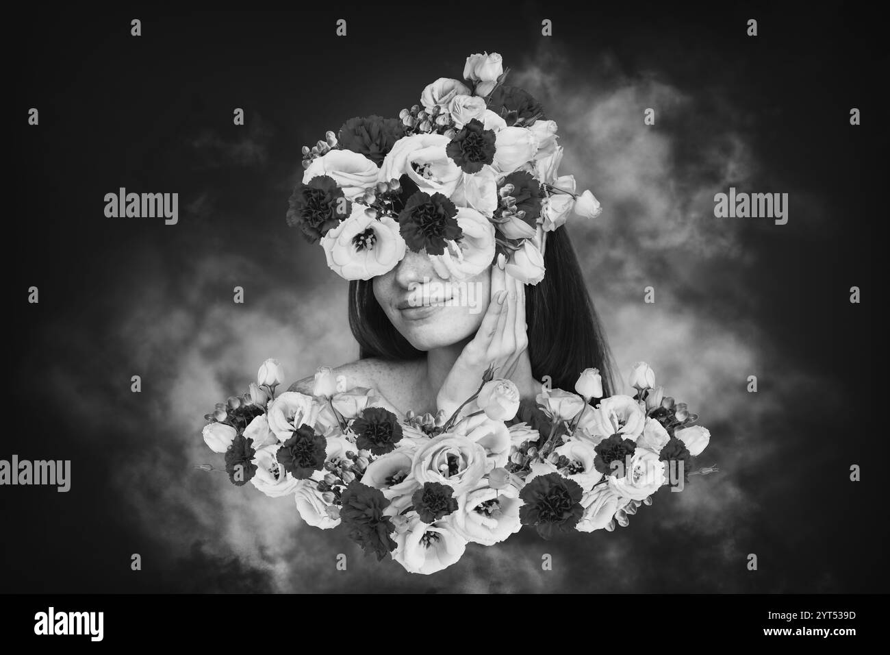 Poster creative fantasy collage of lady have flowers touch tender ...