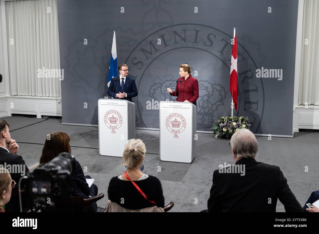 Prime Minister of Finland Petteri Orpo (L) and Prime Minister Mette ...