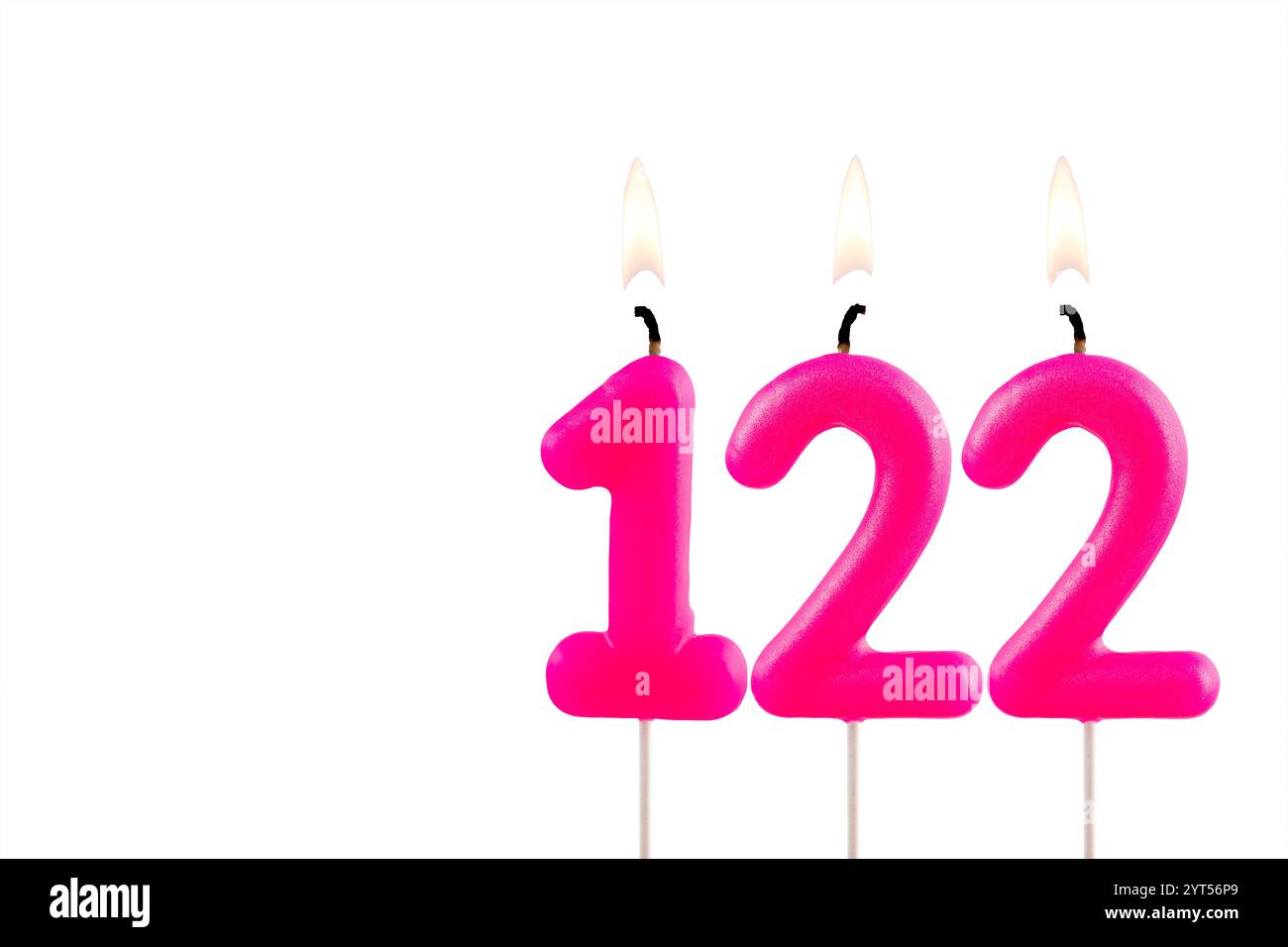 Pink number 122 birthday candle lit on white background Stock Photo - Alamy