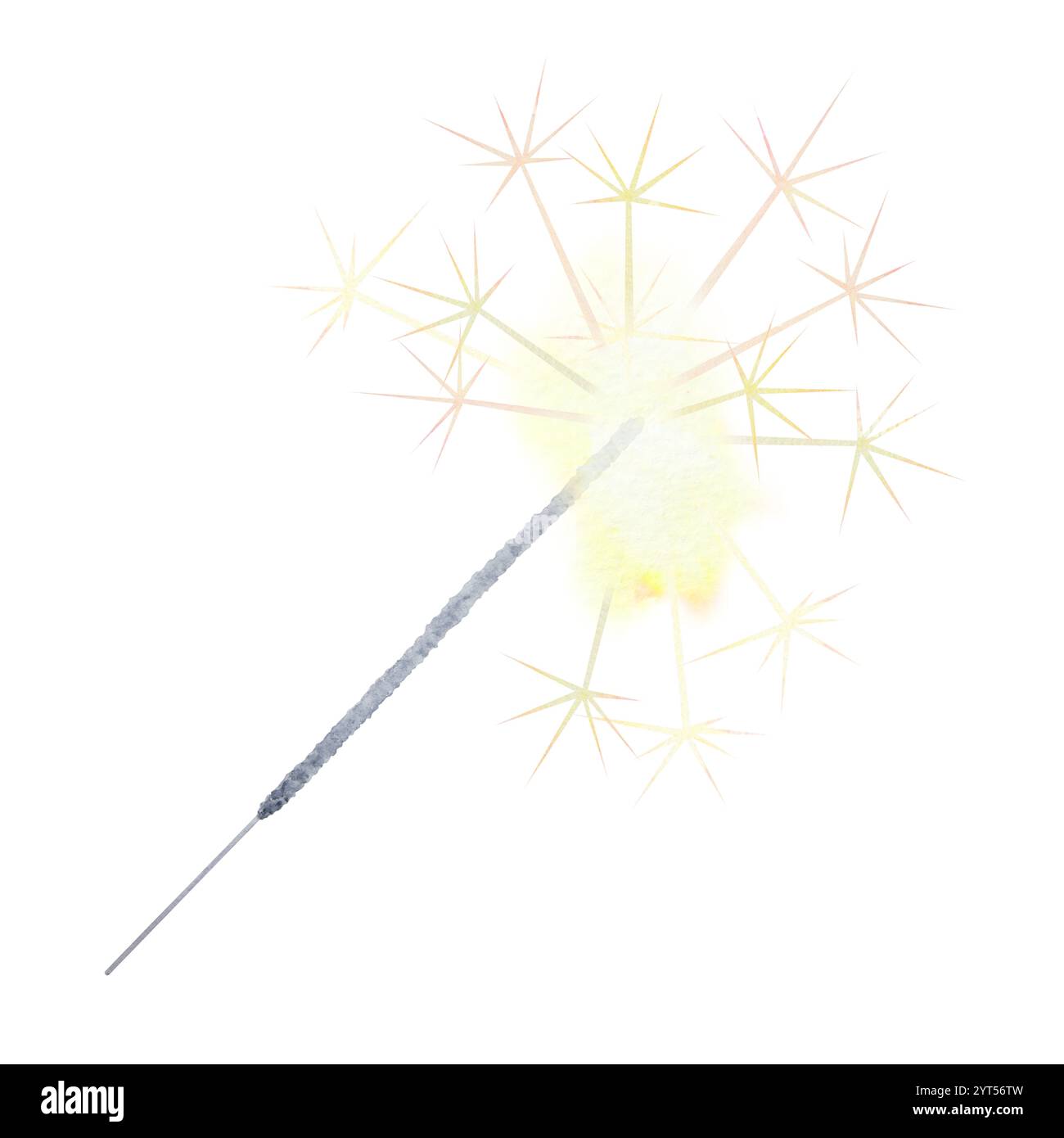 Watercolor hand drawn clipart of a lit sparkler with golden sparkling ...