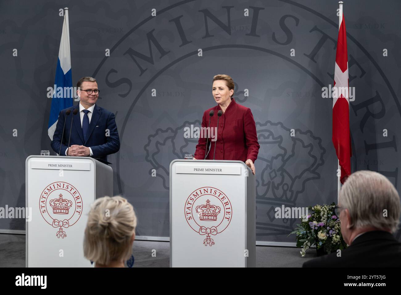 Prime Minister of Finland Petteri Orpo (L) and Prime Minister Mette ...