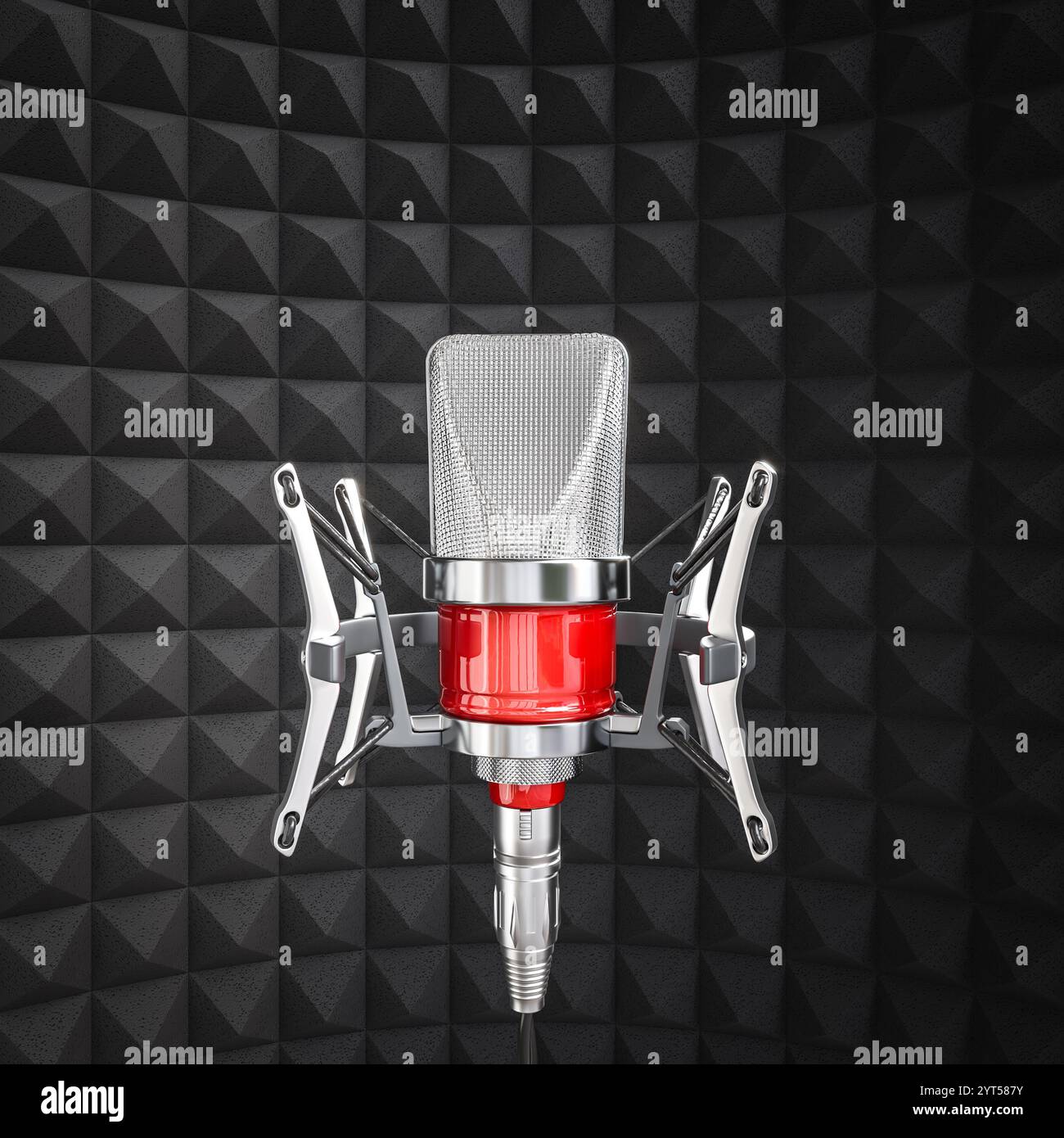 Red microphone hanging in a soundproof recording studio 3d Stock Photo ...