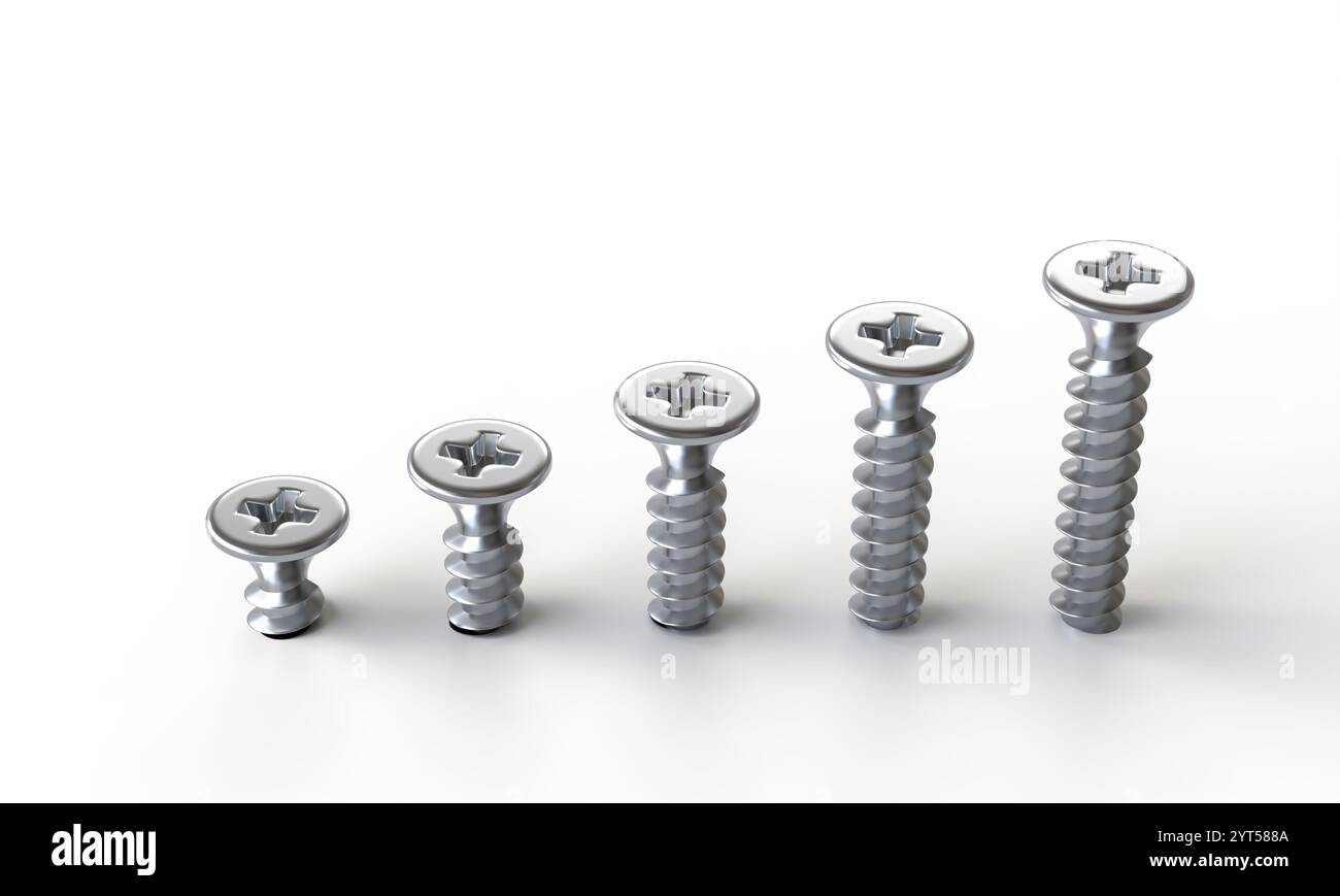 Five increasing size screws representing growth and development 3d ...