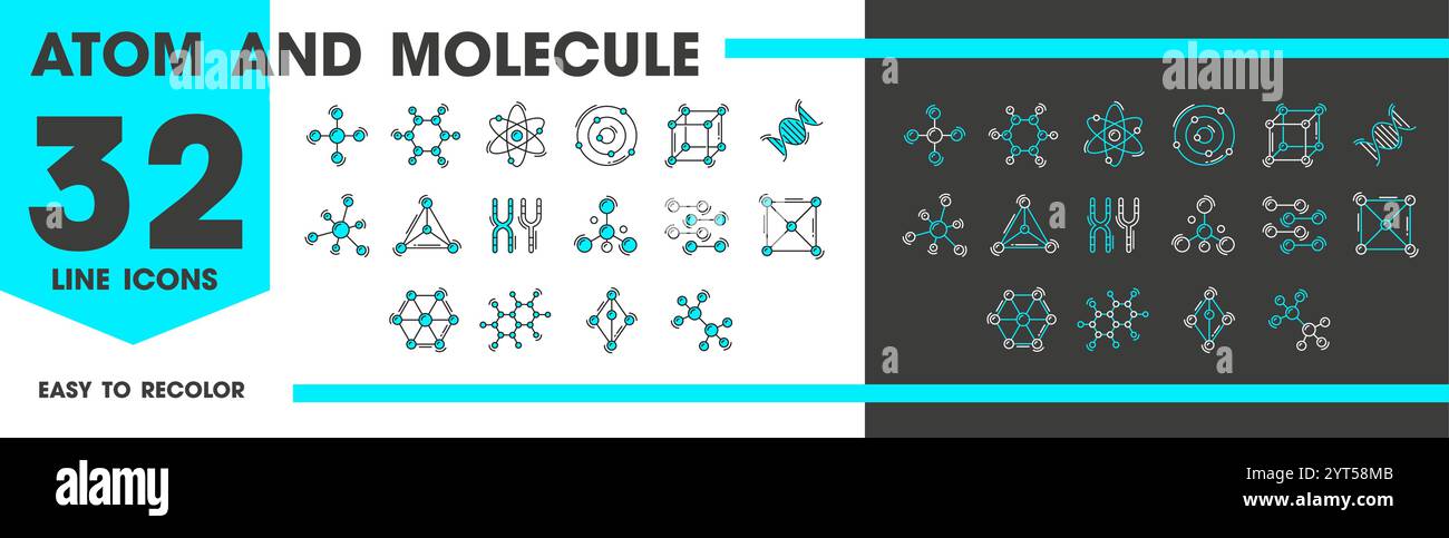 DNA, atom, chromosome molecule line icons, vector science, chemistry ...