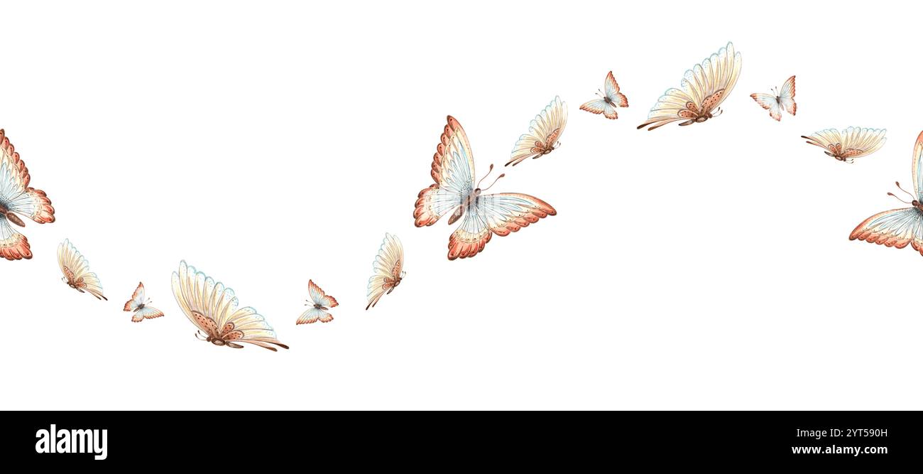 Butterflies delicate with wings flutter. Wavy seamless border. Summer ...