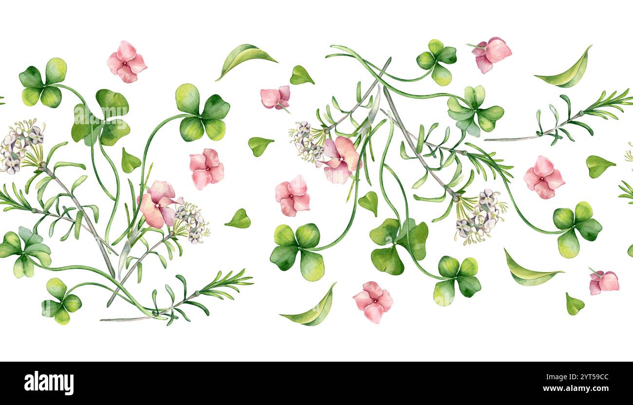 Seamless floral border with pink hydrangea, clover and white flowers ...