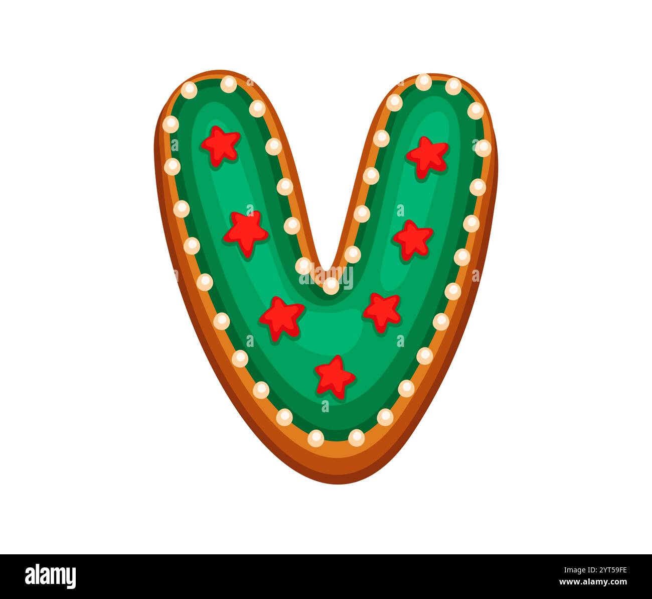 Festive gingerbread letter V decorated with green icing, red stars and ...