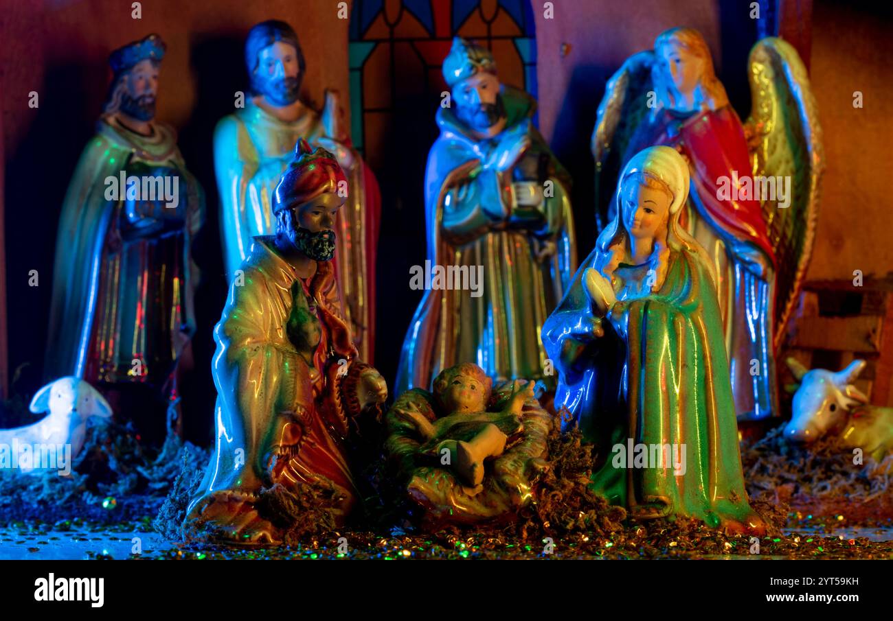 Christmas christian nativity scene. Christmas Manger scene with figures ...