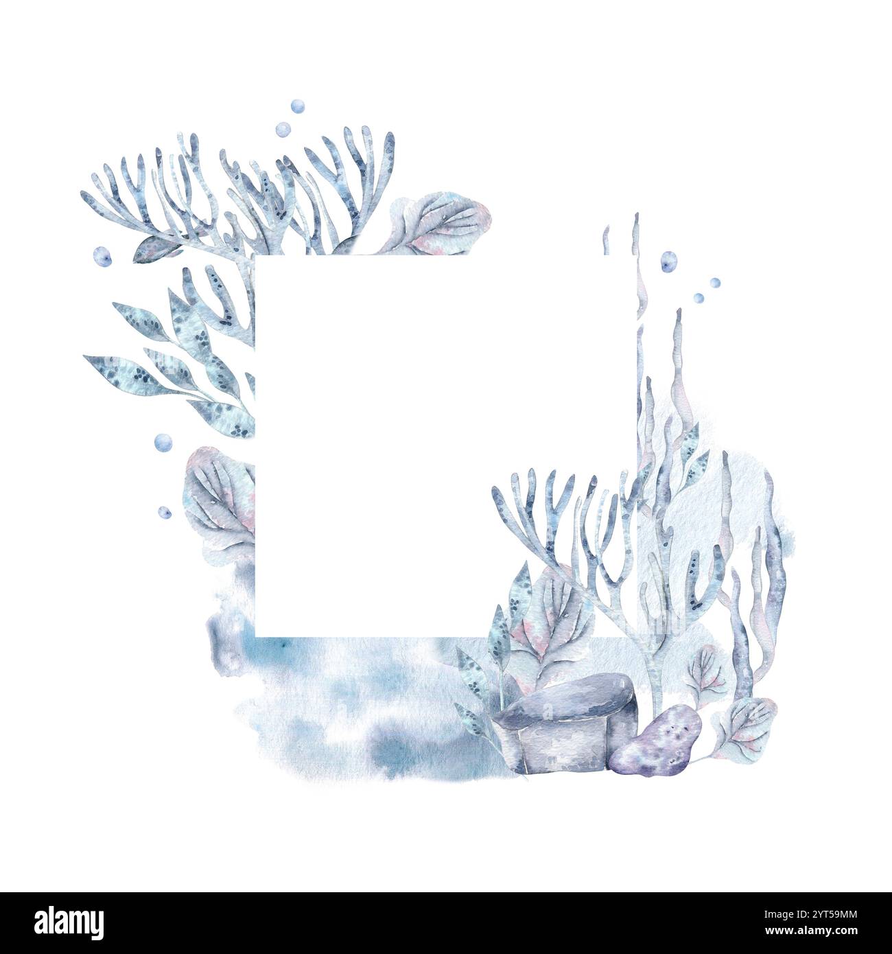 Watercolor seabed on monochrome frame with coral, sea plants and stones ...